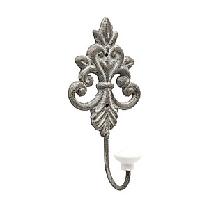 Chateaux Fleur De Lis Wall Hooks, Set of 4, Shabby Distressed Finish, French Country Style, Rustic Bronze, Rubbed White Patina, Cast Iron, Vintage Inspired, Porcelain Caps, Each 6 Inches Tall