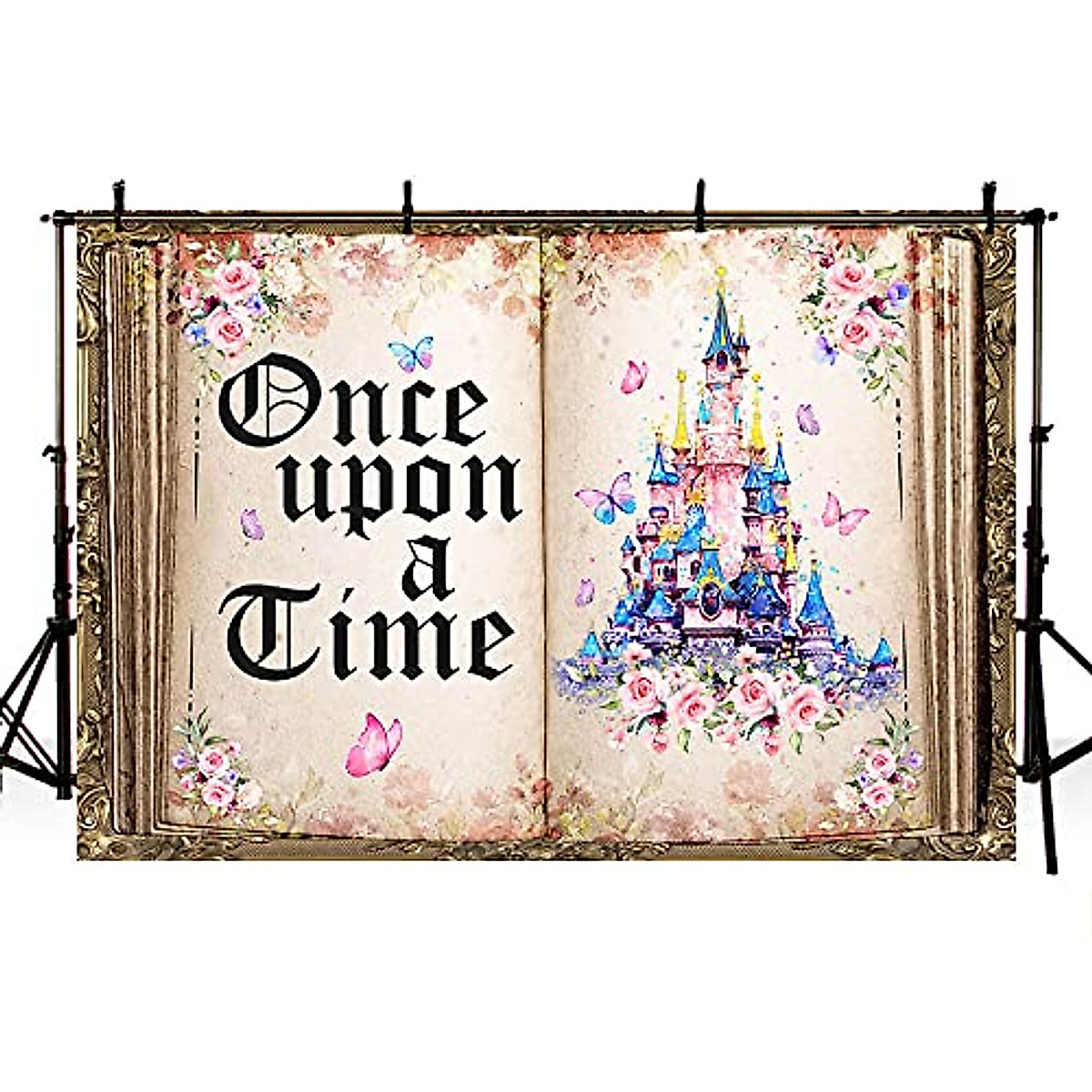 AIBIIN 7x5ft Once Upon a Time Backdrop Fairy Tale Books Castle Pink Floral Princess Romantic Story Old Opening Book Photo Background Wedding Baby Shower Birthday Party Decorations Banner Photo Props