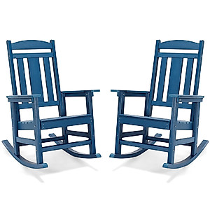 LUE BONA Outdoor Rocking Chairs Set of 2, Weather Resistant Poly Plastic Rocker Chairs, 350lb Heavy Duty, Oversized Porch Rocker for Adult, High Back Smooth Rocking Chairs for Outdoor & Indoor, Blue