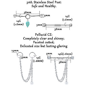 Goerhsjie Industrial Piercing Jewelry 14g Industrial Chain Earrings for Women 14 Gauge Long Industrial Bar Piercing Cute Silver Surgical Steel Industrial Barbell