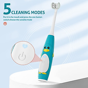 RAZOKO Kids Electric Toothbrush 3 Sided Toothbrush,Sonic Toddler Toothbrush with 2 Brush Heads, Intelligent Timer 5 Gears Adjustment,Ipx7 Waterproof,USB Cable