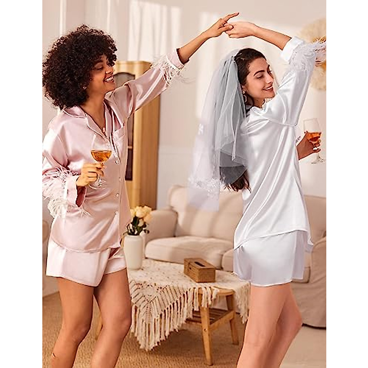 Ekouaer Women's Satin Pajama Silk Pj Sets Feather Trim Comfy Satin Sleepwear Long Sleeve Pjs Wedding Bride White L