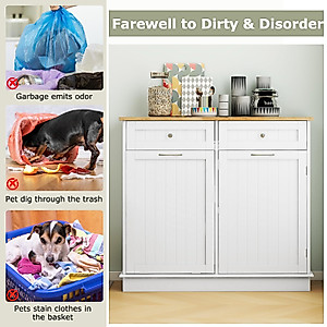 LOKO Kitchen Tilt Out Trash Cabinet, Modern Trash Cabinet with 2 Drawers & Adjustable Shelf, Pet Proof Trash Can Cabinet with Rubber Wood Tabletop, Ideal for Living Room, Dining Room (White)