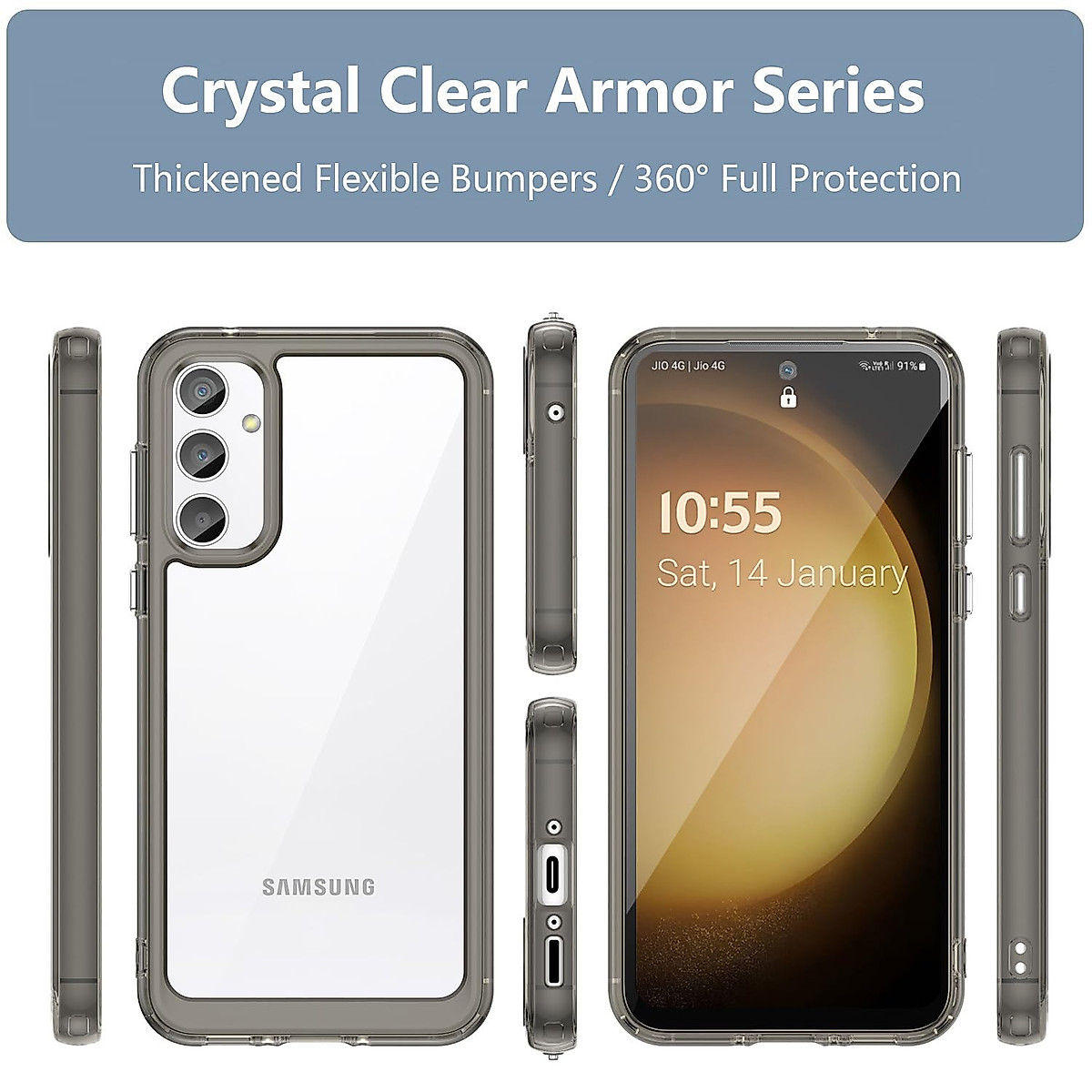 for Samsung S23 FE Case, Samsung Galaxy S23 FE 5G Case, with[Tempered Glass Screen Protector][Built-in 4 Airbags][Not-Yellowing] Military-Grade Shockproof Case for Galaxy S23 FE, Clear-Black