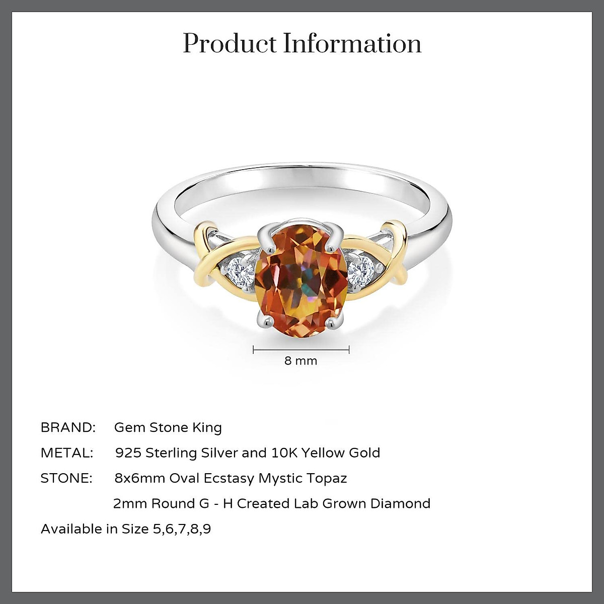 Gem Stone King 2 Tone 10K Yellow Gold and 925 Sterling Silver Ecstasy Mystic Topaz and Lab Grown Diamond Women Ring (1.58 Cttw, Available in Size 5,6,7,8,9)