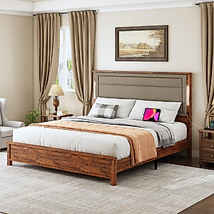 SAMTRA Wooden King Size Bed Frame with Upholstered Tall Headboard, Farmhouse Platform Bedframe with Led Lights & Charging Station, Sturdy Wood Slat Supports, Easy Assembly (Classic Brown)