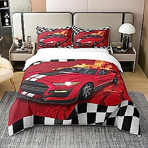jejeloiu Kids Race Car Duvet Cover 100% Cotton Twin Size Speed Sports Car Bedding Cotton Duvet Cover Set Decor Extreme Sports Comforter Cover Set Red Black White Bedspread Cover