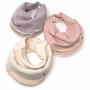 Kishu Baby Indi Girls Pom Pom Bibs - Luxuriously Soft, 100% Organic Cotton Muslin Exclusive of Trim - Fairtrade & GOTS Certified Organic Drool Bib with Snaps (Peach, Ivory, Lavender)