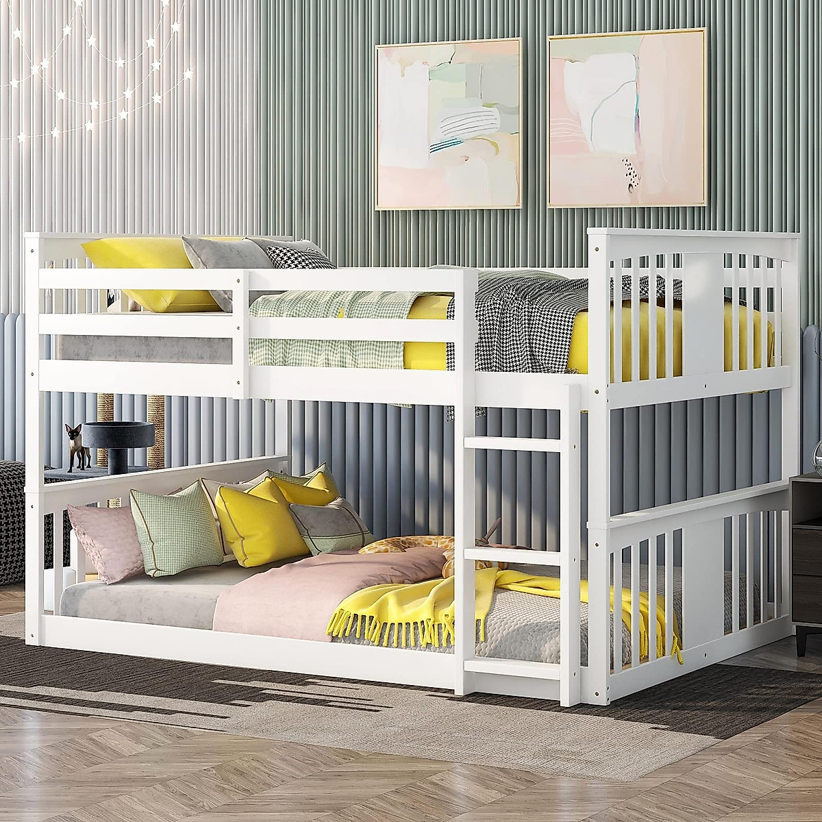 Twin Bunk Beds Low Bunk Bed Frame Wood Twin Over Twin Bunkbed for Kids Toddlers Boys Girls Bedroom, White