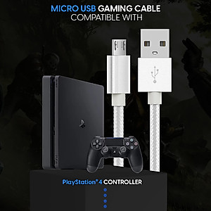 TALK WORKS PlayStation 4 Controller Charging Cable Micro USB - 6' Long Braided Heavy Duty Fast Charger Cord for PS4 (Silver, Pack of 3) (14094)