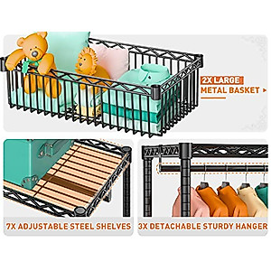 Raybee 77" H Clothes Rack Heavy Duty Clothing Racks for Hanging Clothes with Basket Drawers Load 850 LBS 75" Wide Large Clothes Rack with Shelves Adjustable Wire Garment Rack Free Standing Closet