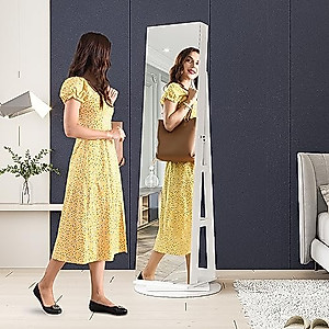 HNEBC LED Light Jewelry Storage Organizer, Armoire with Door Mirror 360° Rotating, Full Length Cabinet, ,Large Jewelry Boxes & Organizers（A White）