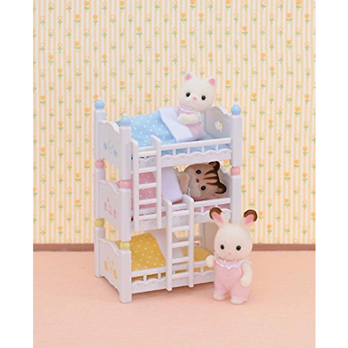 Calico Critters Triple Baby Bunk Beds, Dollhouse Toy Furniture, Multicolor, basic (CC2624), Set includes three beds, three mattresses with pillows, three blankets and two ladders