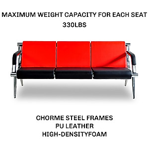Waiting Room Bench with Armrest 3 Seat Red Black PU Leather Office Furniture Guest Seating Lobby Conference Reception Chair Visitor Guest Sofa for Office Airport Clinic Hospital Bank Salon Barber