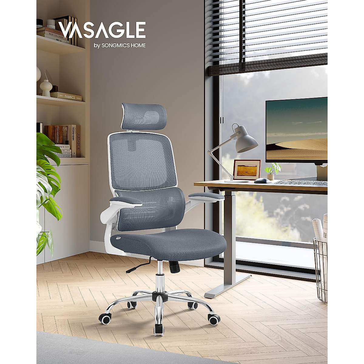 VASAGLE Office Chair, Ergonomic Design, Lumbar Support, High Back Desk Chair, Mesh Computer Chair, Foldable Armrests, Adjustable Headrest, Tilt Function, for Home Office, Dove Gray UOBN040G21