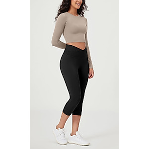 ODODOS Women's Cross Waist Yoga Capris with Inner Pocket, Inseam 19" Gathered Crossover Workout Cropped Yoga Pants, Black, Large