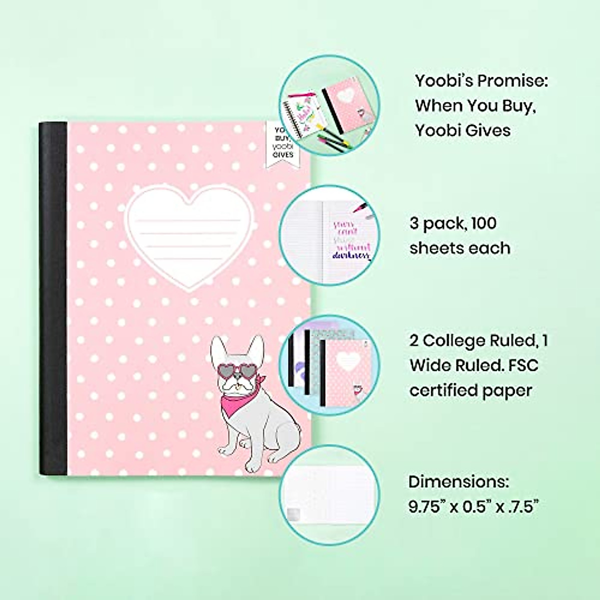 Yoobi Composition Notebook Set - 3 Pack of Composition Notebooks, 100 Sheets Each, Kids Notebooks College Ruled - Rainbow, Frenchie Polka Dot, Pando Unicorn Notebooks - 7.5" x 9.75", 3 Pack