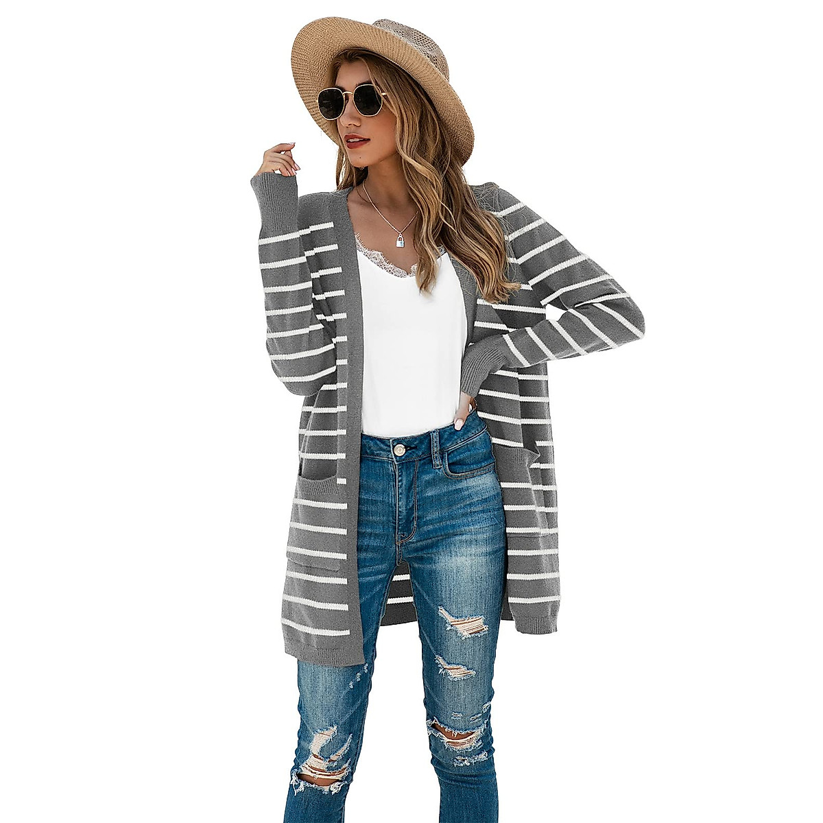 TASAMO Womens Color Block Striped Draped Kimono Cardigan Long Sleeve Open Front Casual Knit Sweaters Coat Soft Outwear