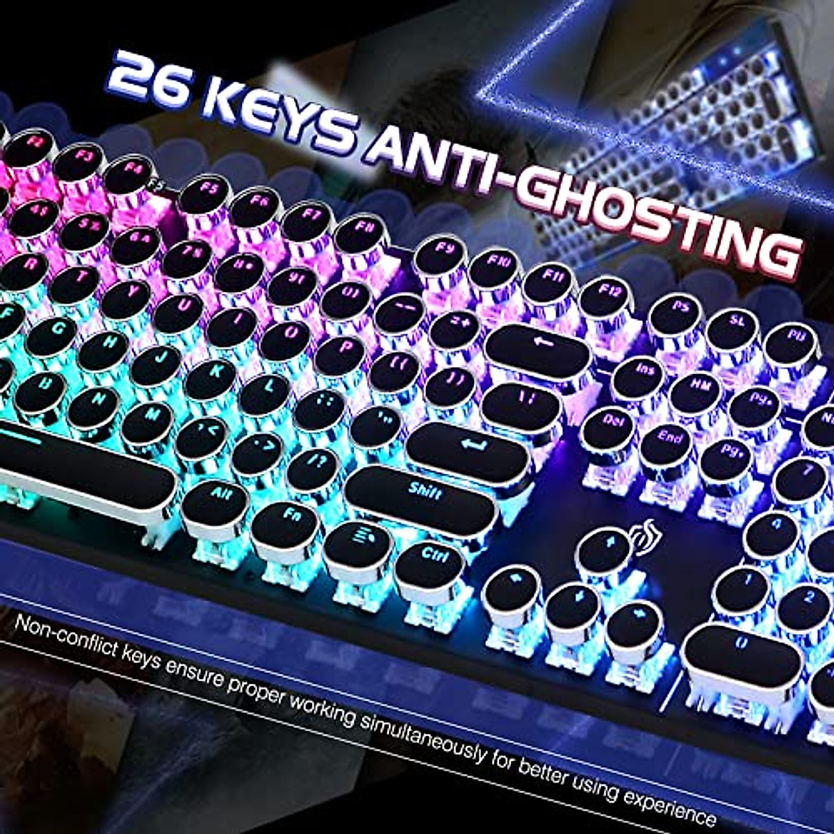 YSCP Typewriter Style Mechanical Gaming Keyboard RGB Backlit Wired with Blue Switch Retro Round Keycap 104 Keys Keyboard (Writertype Keyboard-104keys Black)