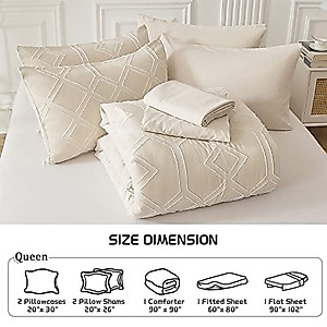 Dobuyly Cream Tufted Comforter Set Queen, 7 Pieces Bed in a Bag Boho Cream Beige Comforter Embroidery Shabby Chic Farmhouse Bedding Set, Soft Breathable Cation Microfiber Comforter Set