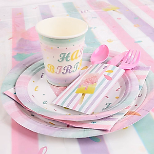 Ice Cream Party Supplies Set - Ice Cream Popsicle Party Tableware for Girls Kids Birthday Baby Shower Disposable Tablecloth Plates Paper Cups Napkins Cutlery Bag Utensils Serves 16 Guests 130PCS