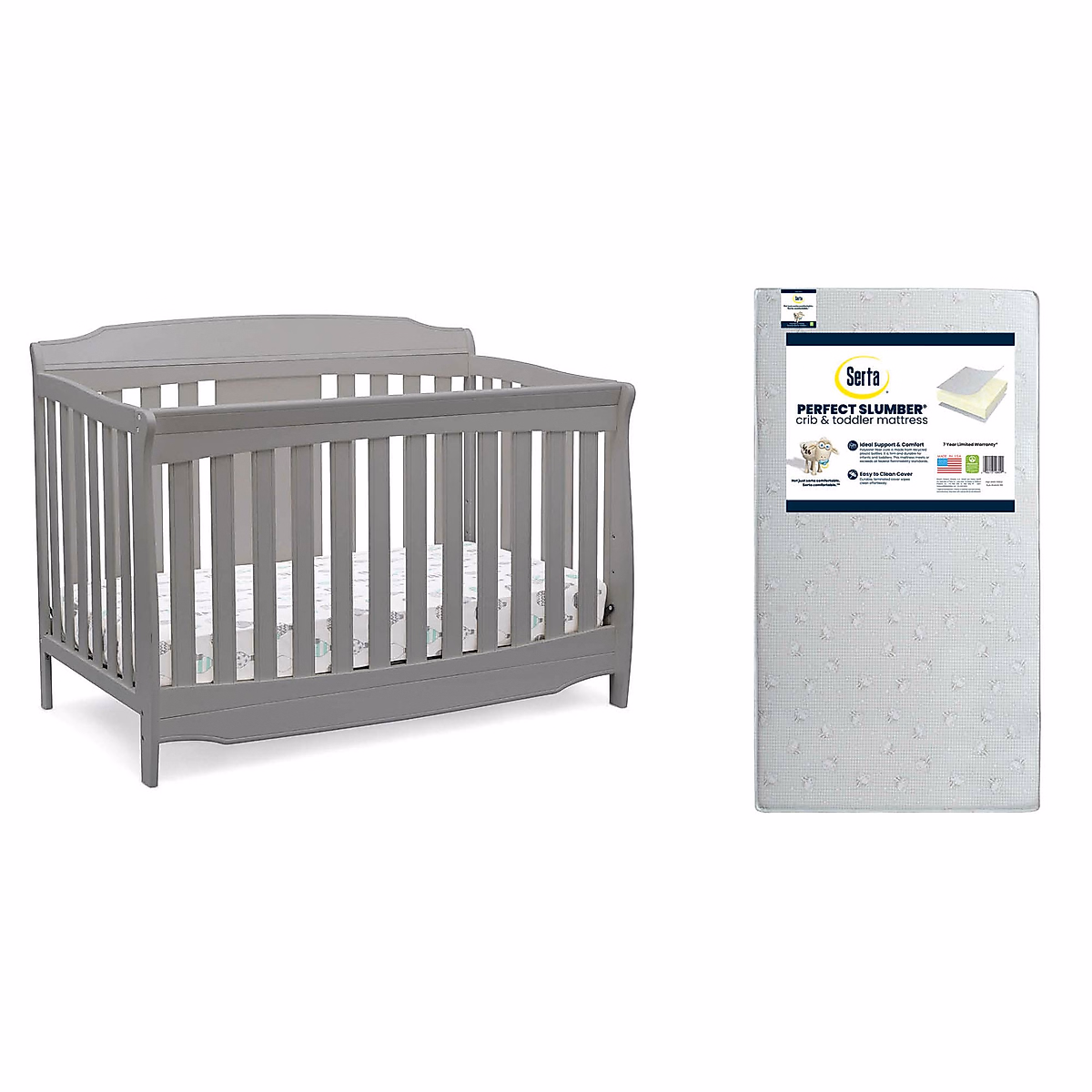 Delta Children Westminster 6-in-1 Convertible Baby Crib, Grey + Serta Perfect Slumber Dual Sided Recycled Fiber Core Crib and Toddler Mattress (Bundle)