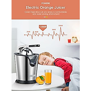 FOHERE Citrus Juicer Electric Orange Juicer with Humanized Handle and Two Size Cones for Grapefruits, Orange and Lemon, Powerful 160W Silent Motor Stainless Steel BPA-Free, Silver
