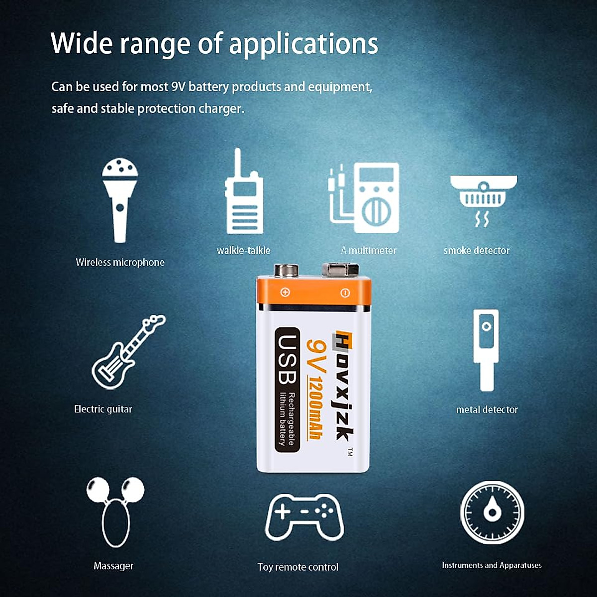 USB 9V Rechargeable Battery, USB Quick Charge in 1.5 Hours, High Capacity 1200mAh Square Lithium Batteries with Type C Port Cable (2-Packs)