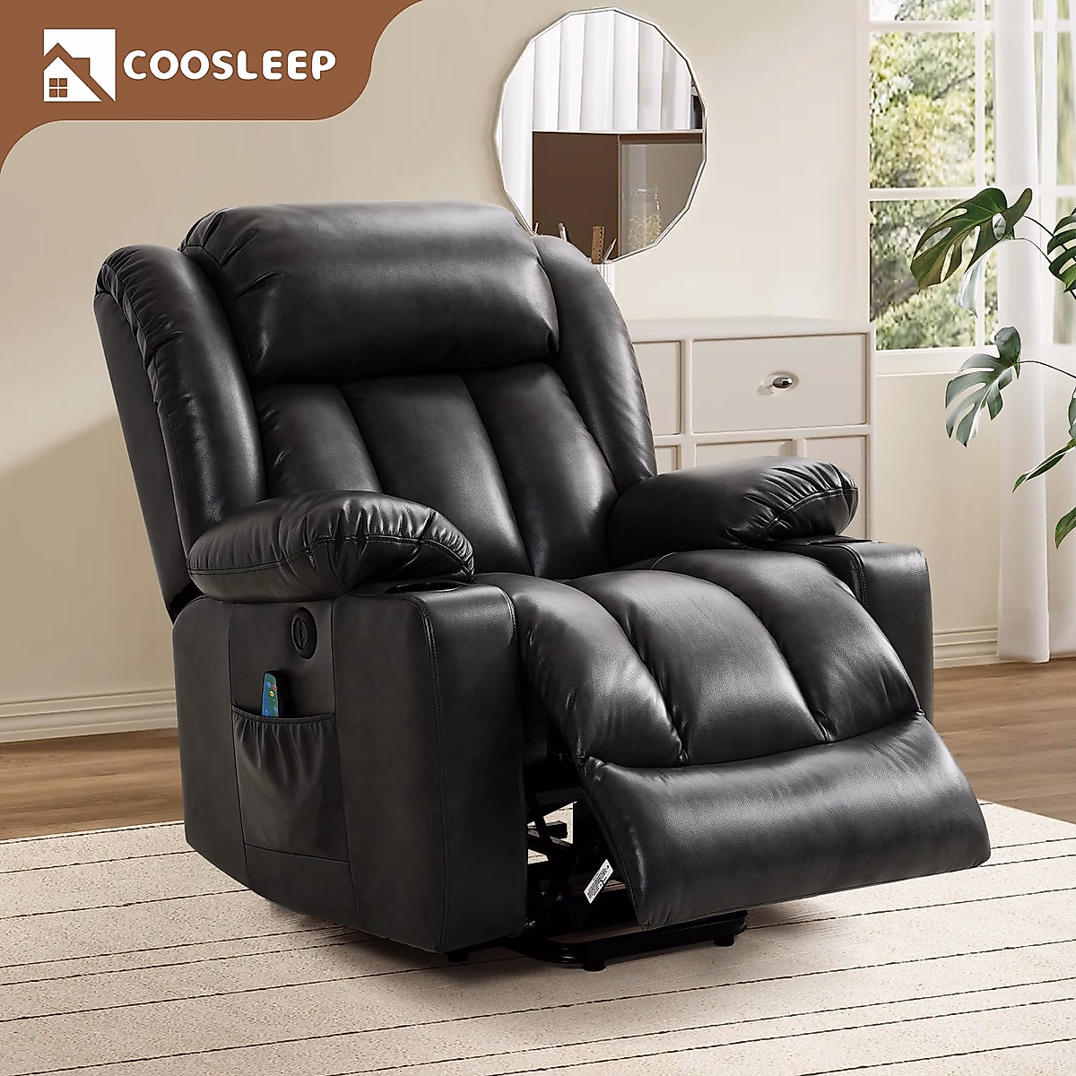 COOSLEEP Power Lift Recliner Chair for Elderly with Massage and Heat, Breathable Leather Recliner Chair for Adults, 2 Cup Holders, USB Ports, Electric Support of Metal,Remote Controls(Black)