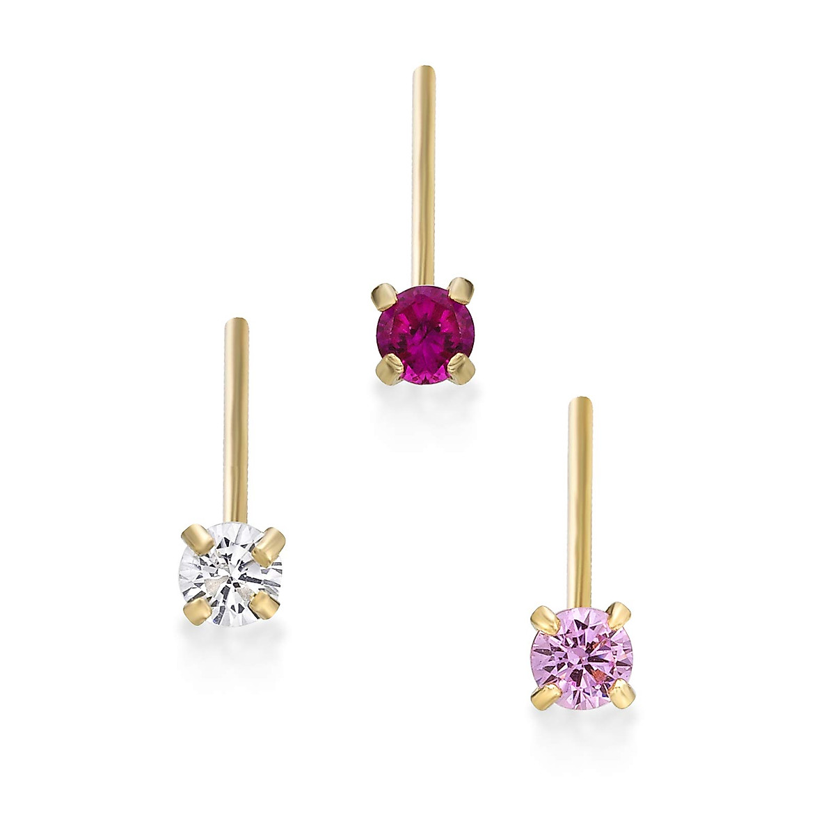 Lavari Jewelers 22 Gauge L-Shape Nose Ring Set for Women I 2mm White, Pink, and Red Cubic Zirconia Nose Ring I 14k Yellow Gold Nostril Piercing I 22G Hypoallergenic Unisex Stud I CZ Body Jewelry