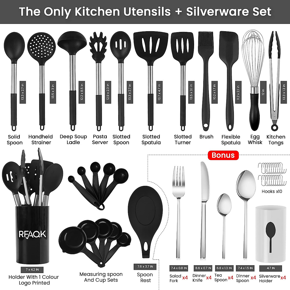 Dishwasher Safe Kitchen Utensils Set with Silverware, RFAQK 50PCs Silicone Cooking Utensils Set With Holder, Nonstick & Heat Resistant, Kitchen Gadgets,Kitchen Essentials for New Home