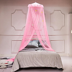 Mengersi Bed Canopy for Girls with Glow in The Dark Stars,Bed Canopy Curtains for Kids Baby Crib Twin Full Queen Size Bed,Canopy for Girls Room Decor,Pink
