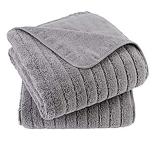POLYTE Microfiber Oversize Quick Dry Lint Free Bath Towel, 60 x 30 in, Set of 2 (Gray, Ribbed Design)
