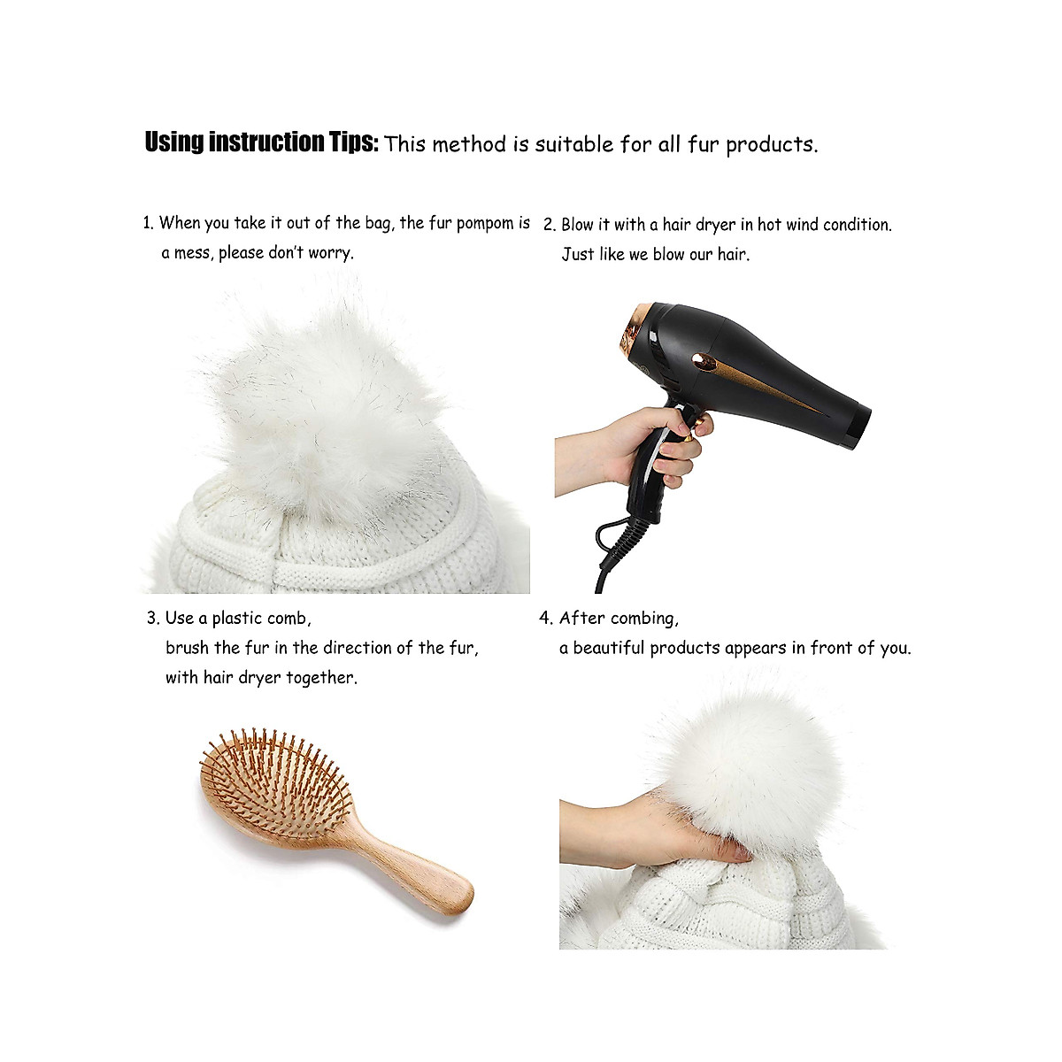 Soul Young Women's Faux Fur Hat Black Russian Cossack Knit Pompom Ski Snow Cap for Winter White(One Size,Black)