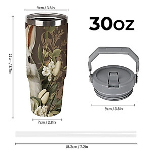 30oz Stainless Steel Insulated Tumbler with Flip Lid & Straw, Leakproof Travel Mug for Car, A Beautiful White Rabbit Double Wall Vacuum Thermal Coffee Cup with Handle, Spill-Proof Design for Hot/Cold