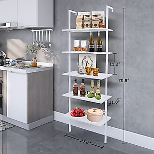 ANTSKU 5 Tier Wall Mounted Ladder Shelf, Ladder Bookshelf with Metal Frame and Wood Shelf, Modern Learning Bookcase for Living Room, Bedroom, Office (23.6" W x 11.8" D x 70.8" H, White)