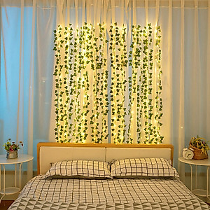 124FT 18 Pack Artificial Ivy Garland- Vine Leaves Hanging Faux Garland Fake Green Plants with 150 LEDs for Wall Garden Party Wedding Room Home Kitchen Indoor & Outdoor Decoration