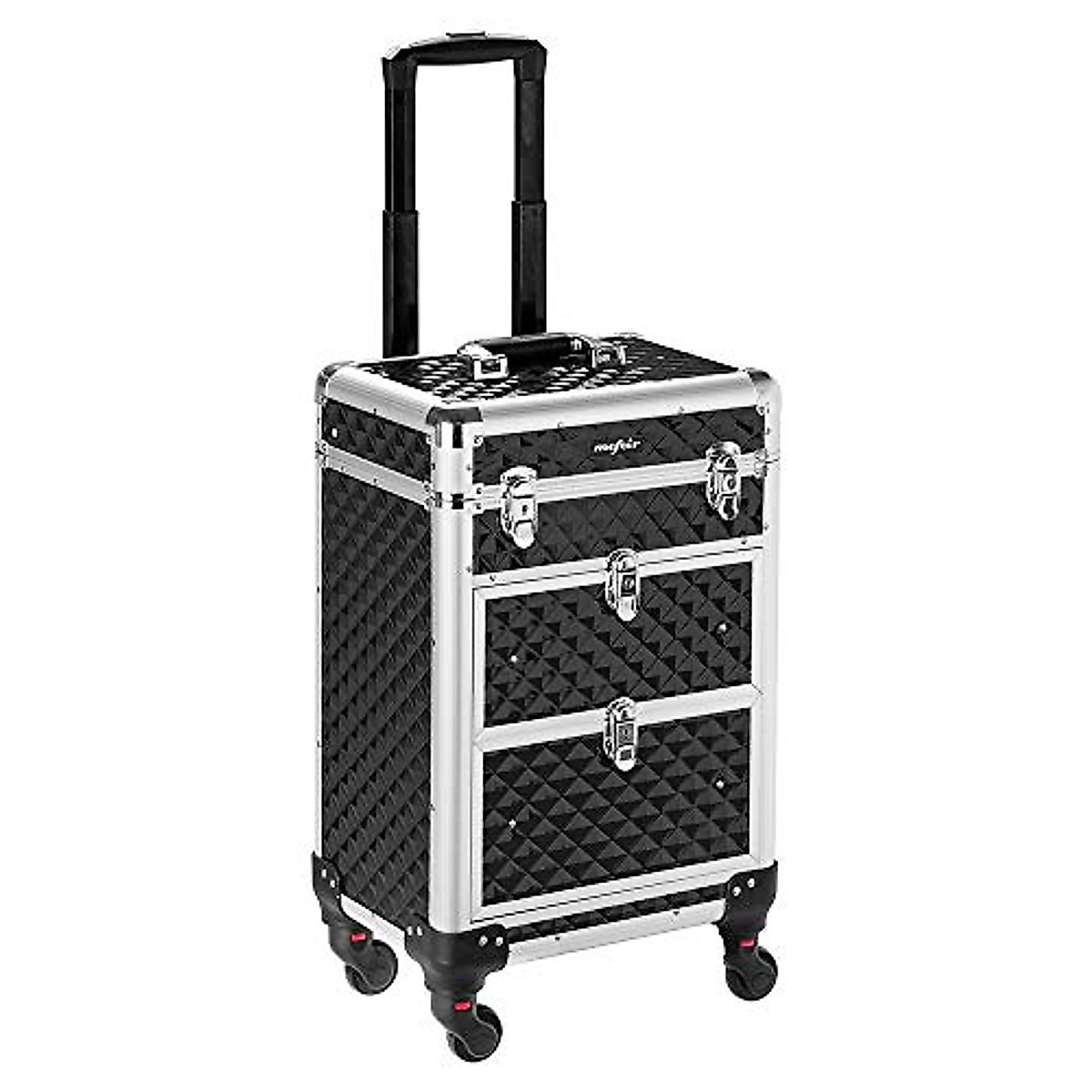 mefeir Aluminum Rolling Makeup Train Case, Portable Makeup Organizer Suitcase, Cosmetic Storage Box, Travel Beauty Luggage Trolley Lockable w/4 Removable Wheels & 2 Sliding Drawers (Black)