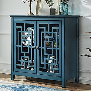 Wood Accent Buffet Sideboard Storage Cabinet with Doors and Adjustable Shelf, Entryway Kitchen Dining Room, Dark Teal