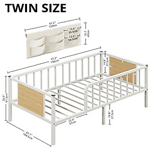 LIKIMIO Twin Bed Frame with Bedside Caddy and Guardrail, Durable Metal Platform Bed, Noise-Free No Box Spring Needed, White