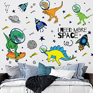 Yovkky Boys Space Dinosaurs Astronauts Wall Decal, Peel Stick Funny Dino Animal Planet Sticker Nursery Rocket Spaceship Decor, Home Baby Room Decorations Kids Bedroom Playroom Art Party Supply Gifts