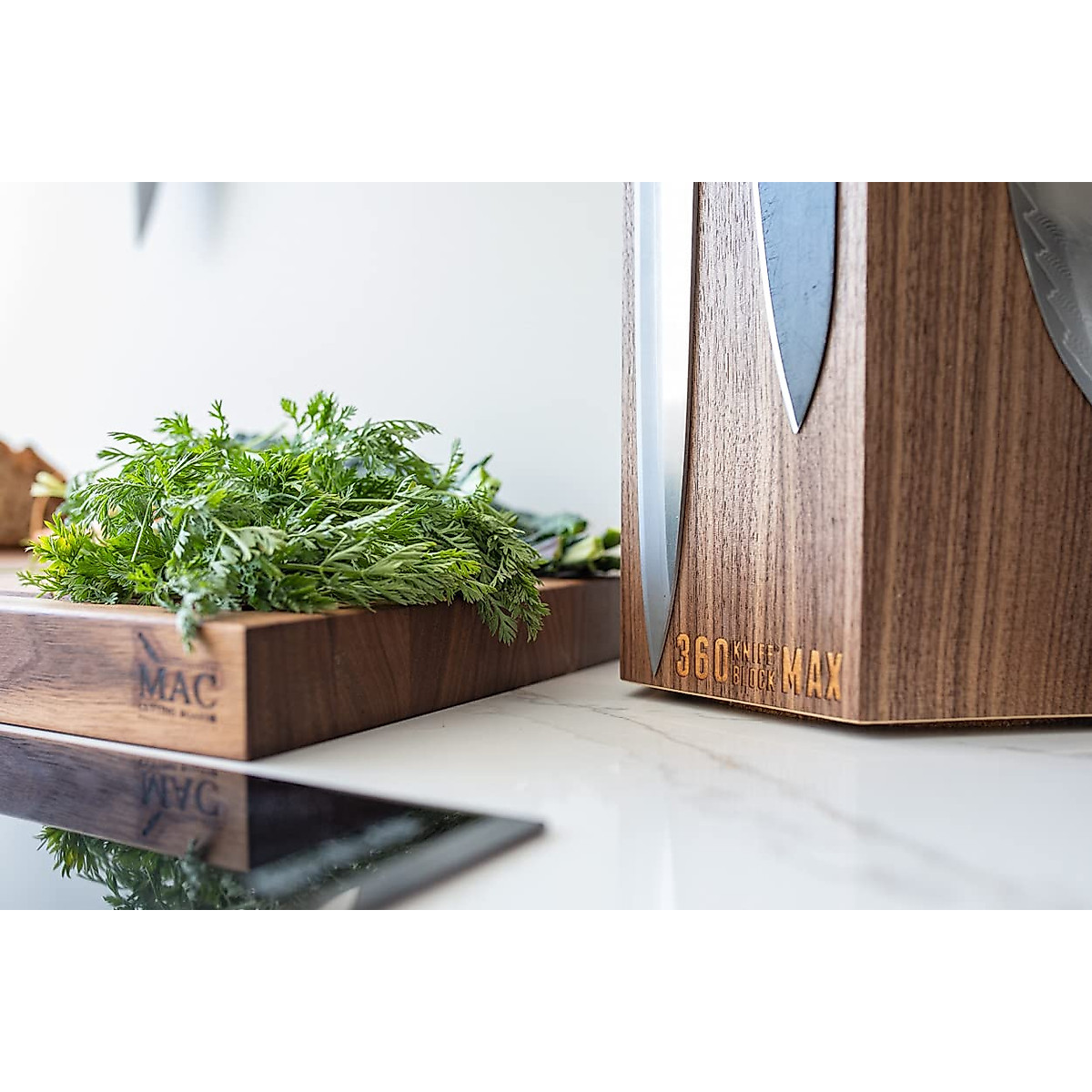 360 Knife Block MAX - (walnut) rotating, magnetic, knife block - NOW w/top slots - capacity for 20+ knives & 12" blades (Walnut wood)