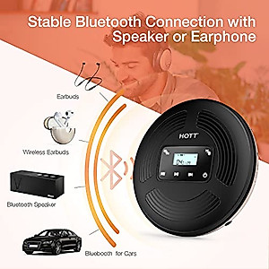 HOTT CD903TF Portable CD Player for Car with Bluetooth FM Transmitter，Rechargeable Touch Button Backlight Display Black