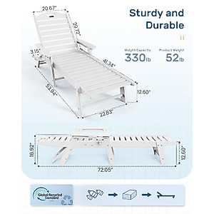 Chaise Lounge for Outdoor, Patio Lounge Chairs for Outside, Chaise Lounge Chair with 6 Positions, HDPE Lounge Chair with Cup Holder Easy Assembly for Pool Beach Garden, White