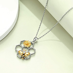 LUHE Bee Necklace 925 Sterling Silver Honeycomb Cute Flower Pendant Necklaces for Women Christmas Gifts for Her (Bee necklace)