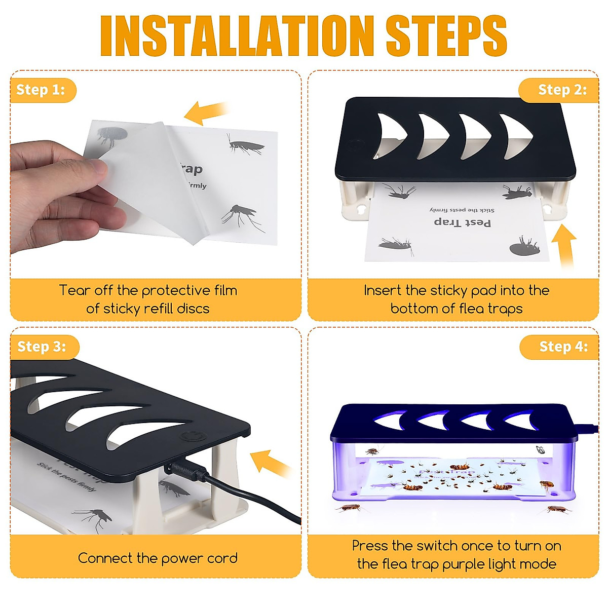 2 Pack Flea Traps for Inside Your Home, Flea Trap with Adjustable Light Modes & 4 Flying Insect Trap Sticky Refill Discs, Pest Trapper for Fleas, Flies, Mosquitoes