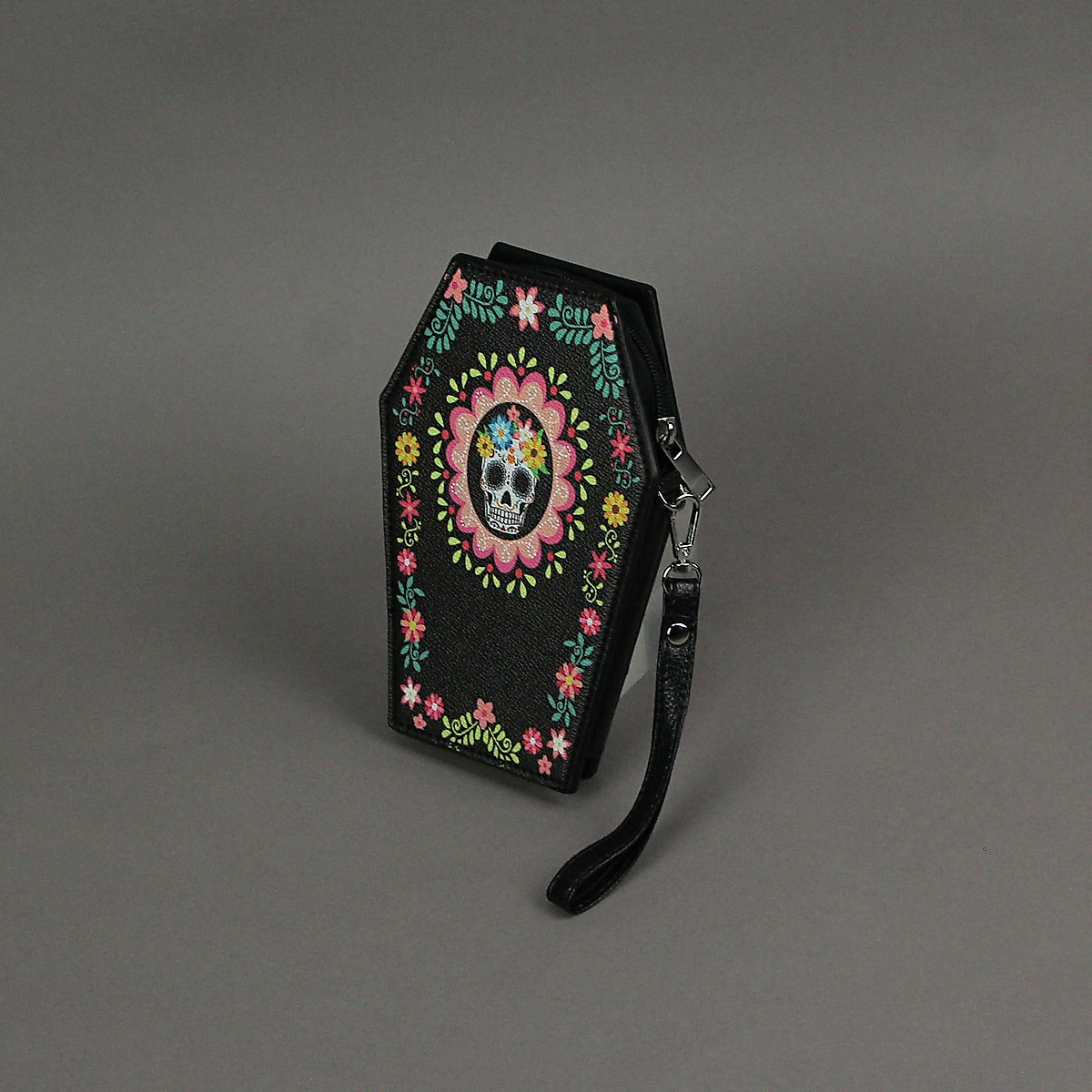 Day of the Dead Sugar Skull Coffin Shaped Wallet With Removable Wrist Strap