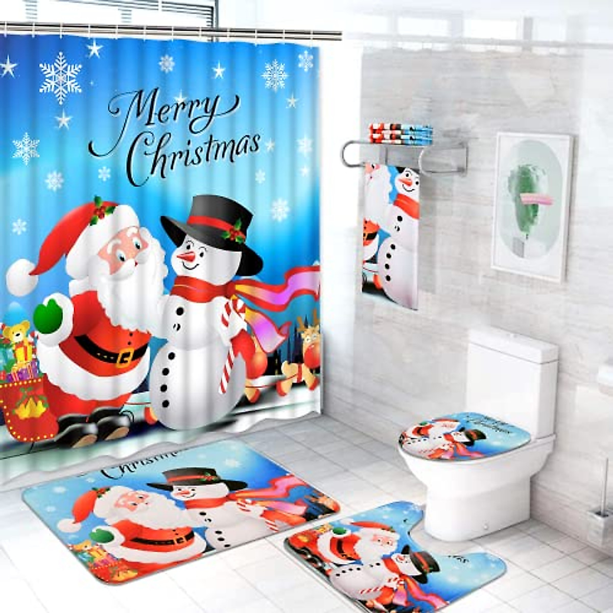 Likiyol 7 Pcs Christmas Shower Curtain Sets with Rugs and Towels, Include Non-Slip Rug, Toilet Lid Cover, Bath Mat and Towels, Santa Snowman Snowflake Shower Curtains with 12 Hooks