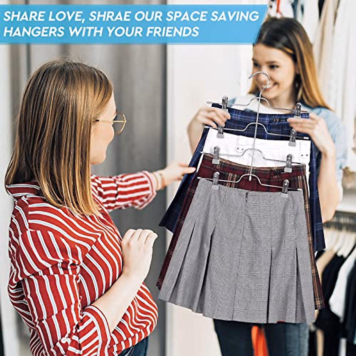 HAODOPSTY Space Saving Pants Hangers with Clips - Ideal Skirt Hanger for Women - Organize Your Closet Efficiently, Chrome, 4Pack