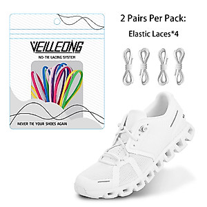 VEILLEONG 2 Pair Elastic No Tie Shoe Laces Tieless Shoelaces for Sneakers Shoes, One Size Fits All for Kids and Adults White